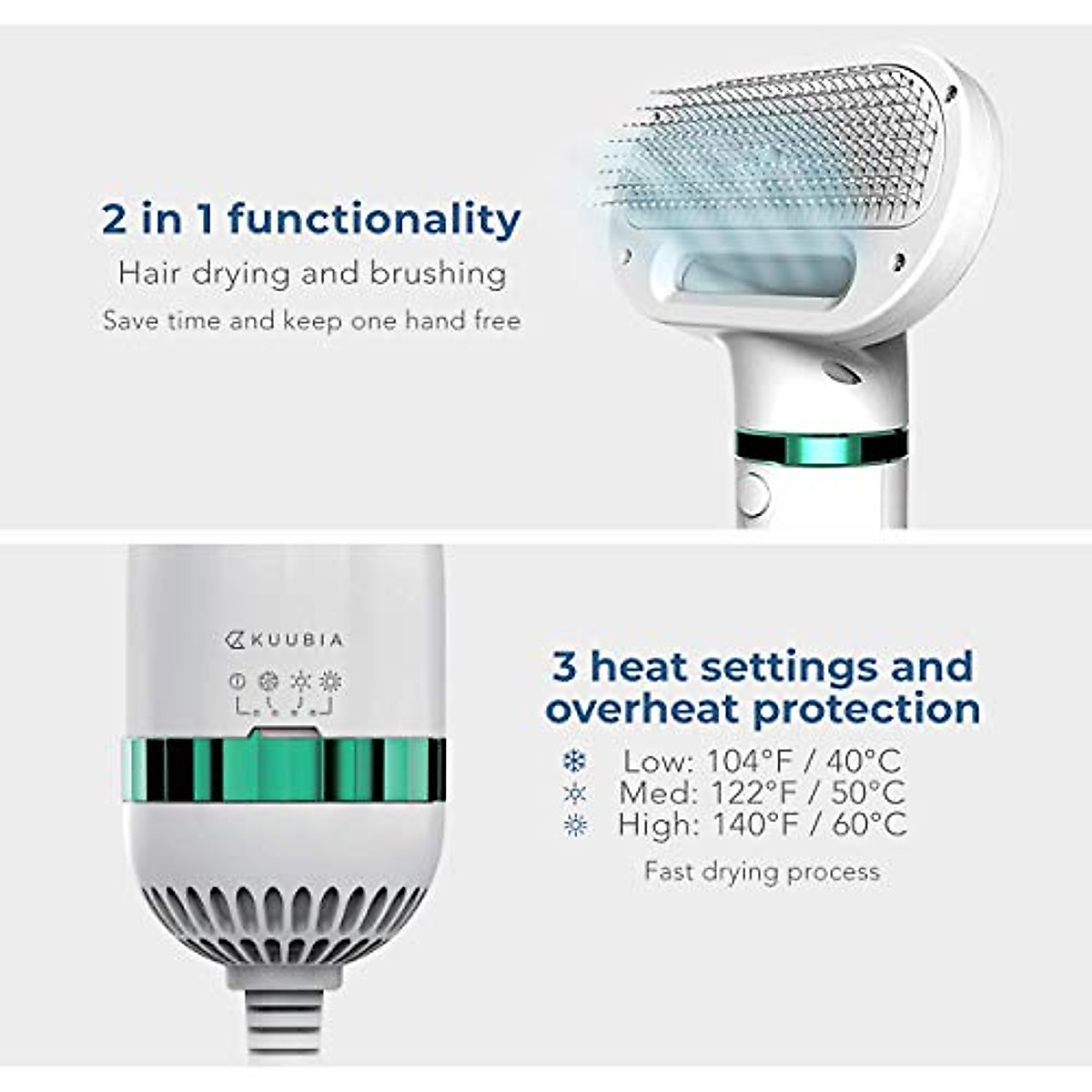 Dog Hair Dryer for Dogs & Cats | Portable and Quiet 2 in 1 Pet Hair Dryer with Self Cleaning Slicker Brush | Cat & Dog Blower Grooming Dryer | Professional Pet Blow Dryer | Adjustable Temperature