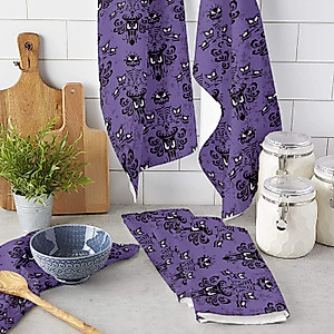 Kitchen Dish Towels 2 Pack-Super Absorbent Soft Microfiber,Halloween Haunted Horror Mansion Grim Grinning Ghosts Cleaning Dishcloth Hand Towels Tea Towels for Kitchen Bathroom Bar