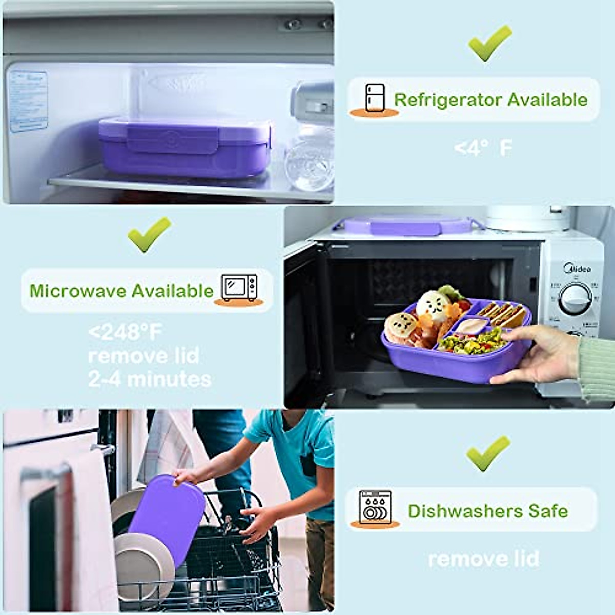 HONZUEN Bento Lunch Box, 4-Compartment Lunch Salad Container, Lunch Box Kit with Spoon and Fork, Microwave Safe Meal Prep Containers for Sandwich, Pasta, Fruit, Travel (Purple)