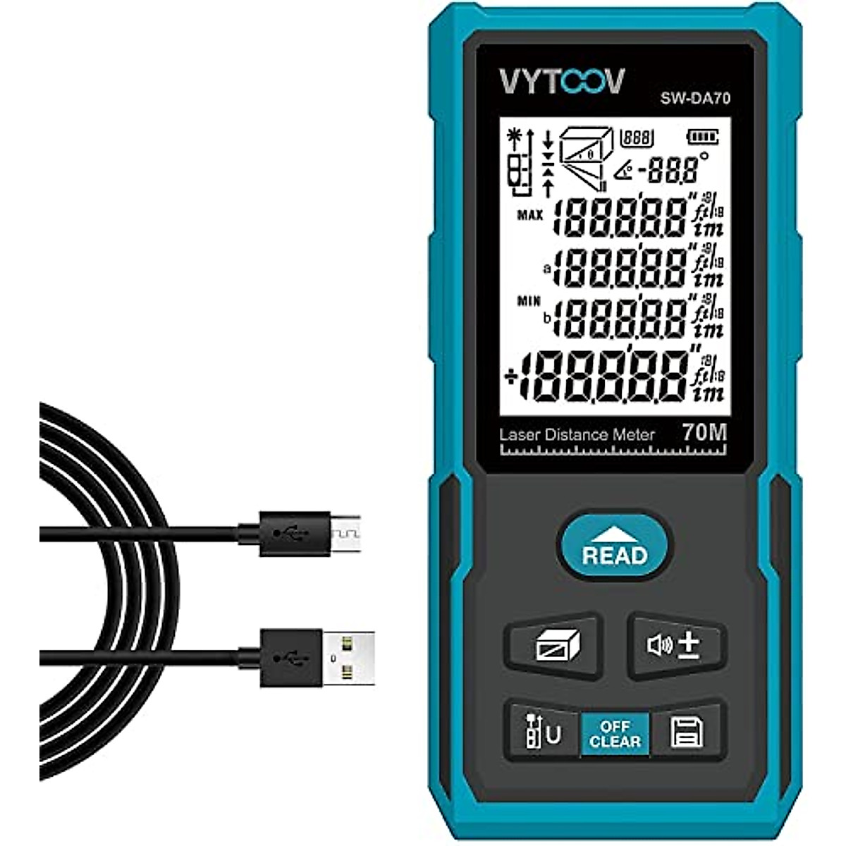 Laser Measurement Tool 229Ft 70M IP54 M/in/Ft/Ft+in Digital Angle Sensor Measure Backlight LCD Laser Distance Meters with Pythagorean Mode Laser Measure Distance Area and Volume - Rechargeable