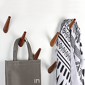 Wall Hooks, Natural Wood Coat Hooks Wall Mounted Rustic Wall Coat Rack Hat Hooks Robe Hook Entryway Wall Hangers Heavy Duty Hooks for Hanging Towels (Black Walnut 6PCS)