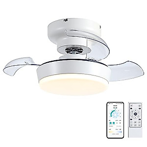 MADSHNE Low Profile Ceiling Fan with Lights, 24" Small Retractable Blades Ceiling Fans with Remote, Modern Flush Mount Fandelier Ceiling Fans with Dimmable LED Lighting,Reversible (White)