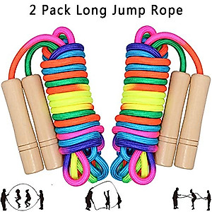 16 FT Long Jump Rope for Kids, 2 Pack Adjustable Double Dutch Skipping Rope with Wooden Handle, Multiplayer Rainbow Jumping Rope for Outdoor Fun, School Sport, Party Game