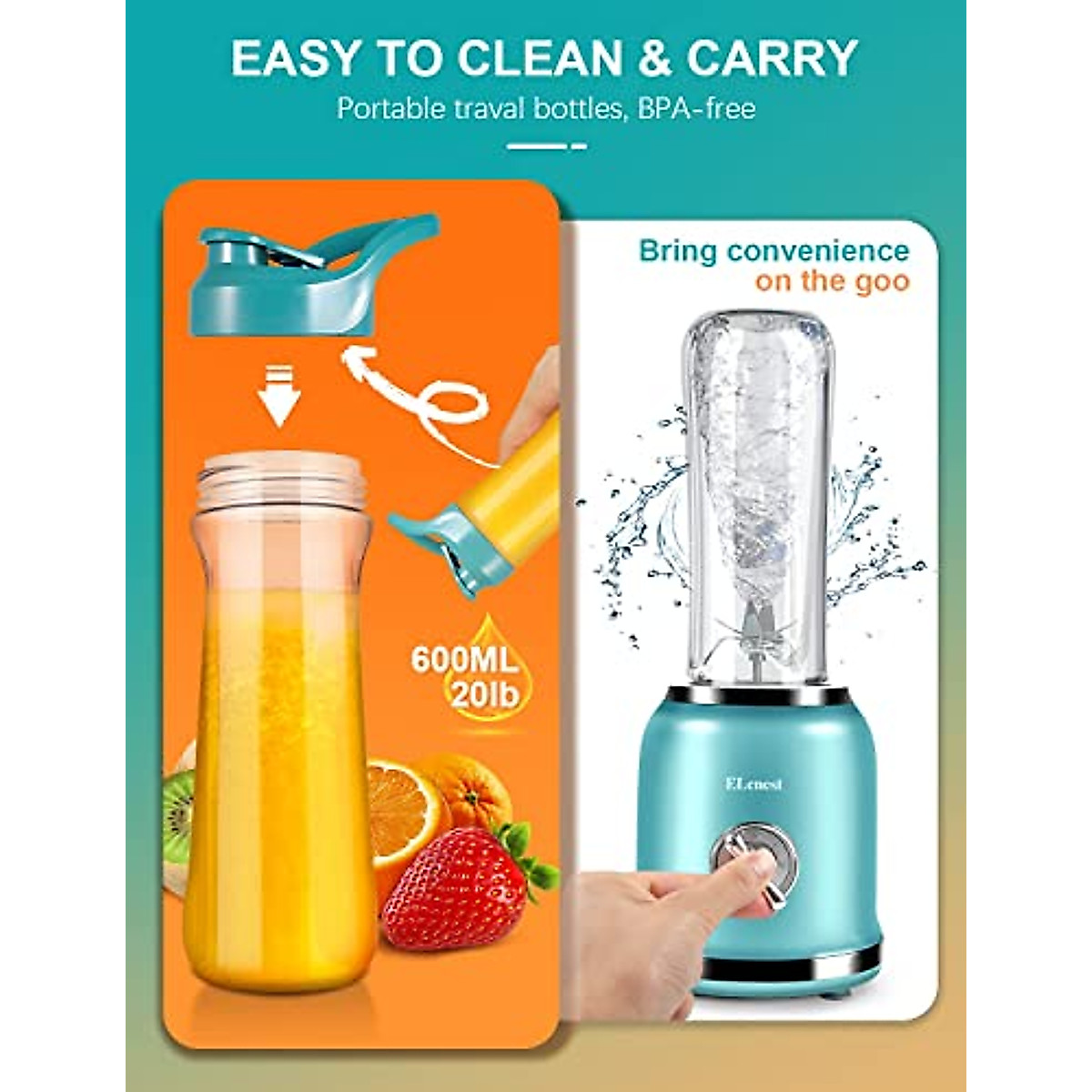 Smoothie Blender with 2 Speeds and Pulse Function Blender for Shakes and Smoothies, 250W Mini Portable Blender with Bpa-Free Portable 20oz Travel Bottles