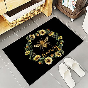Queen Area 2 Pieces Kitchen Rugs and Mats Set Sunflower Garland Honey Bee Design on Black Background Non-Slip Kitchen Mats and Rugs for Kitchen, Floor Home, Office, Sink, Laundry