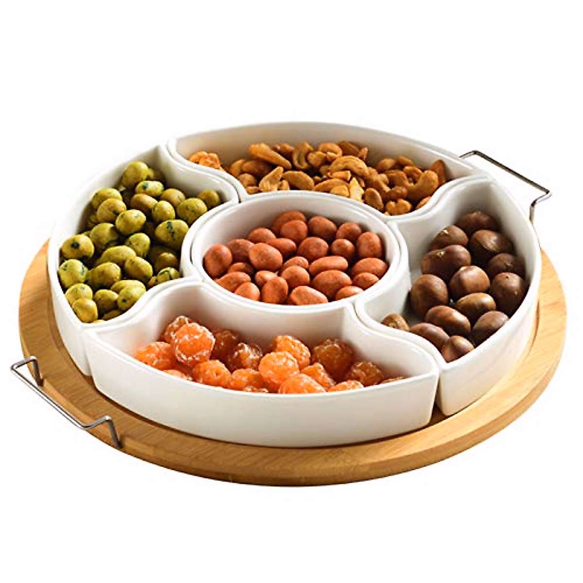 yarlung 10 Inch Ceramic Divided Serving Dishes with Bamboo Platter, Appetizer Tray 5 Removable Snacks Bowls for Candy and Nut, Chips and Dips, No Lid Included