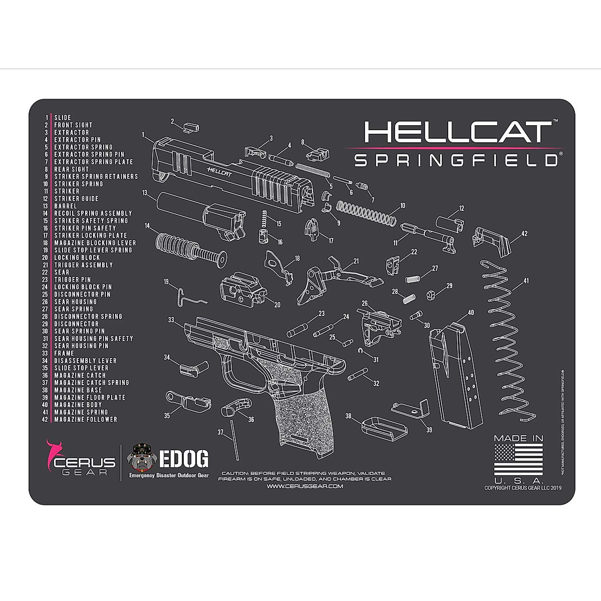 RangeMaster Elite EDC Bag Gun Cleaning Kit- Compatible for Springfield Armory Hellcat - Ladies Pink Trim Schematic Mat with Hoppes Gun Oil No.9 Solvent & Patches Clenzoil CLP & 10PC Accessories Set