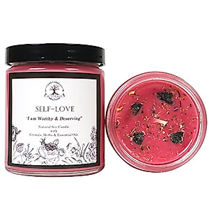 Self Love Affirmation Candle | 9 oz Natural Soy Wax | Pink Thulite Crystals, Herbs & Essential Oils | Acceptance, Self-Worth, & Forgiveness Rituals | Wiccan, Pagan, Spirituality