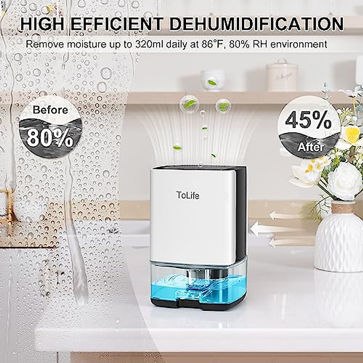 ToLife Dehumidifiers for Home 30 OZ Water Tank with Auto-Off, Portable Small Dehumidifier for Room,Bathroom,Bedroom,RV, Closet 500 sq.ft,7 Colors LED Light