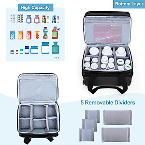 CURMIO Double Layers Pill Bottle Organizer Bag Empty, Medicine Organizer Storage Case with Lockable Zippers, Medication Travel Bag for Prescription Bottles, Medical Supplies, Black (Patent Design)