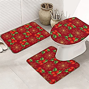 Bathroom Rugs, Memory Foam Bath Mat Bathroom Set, Plant and Snowflake Christmas Theme Red Bath Rugs Bathroom Accessories, Home Decor Non-Slip Absorbent Soft Bath Mats for Bathroom, Tub, 3 Pieces
