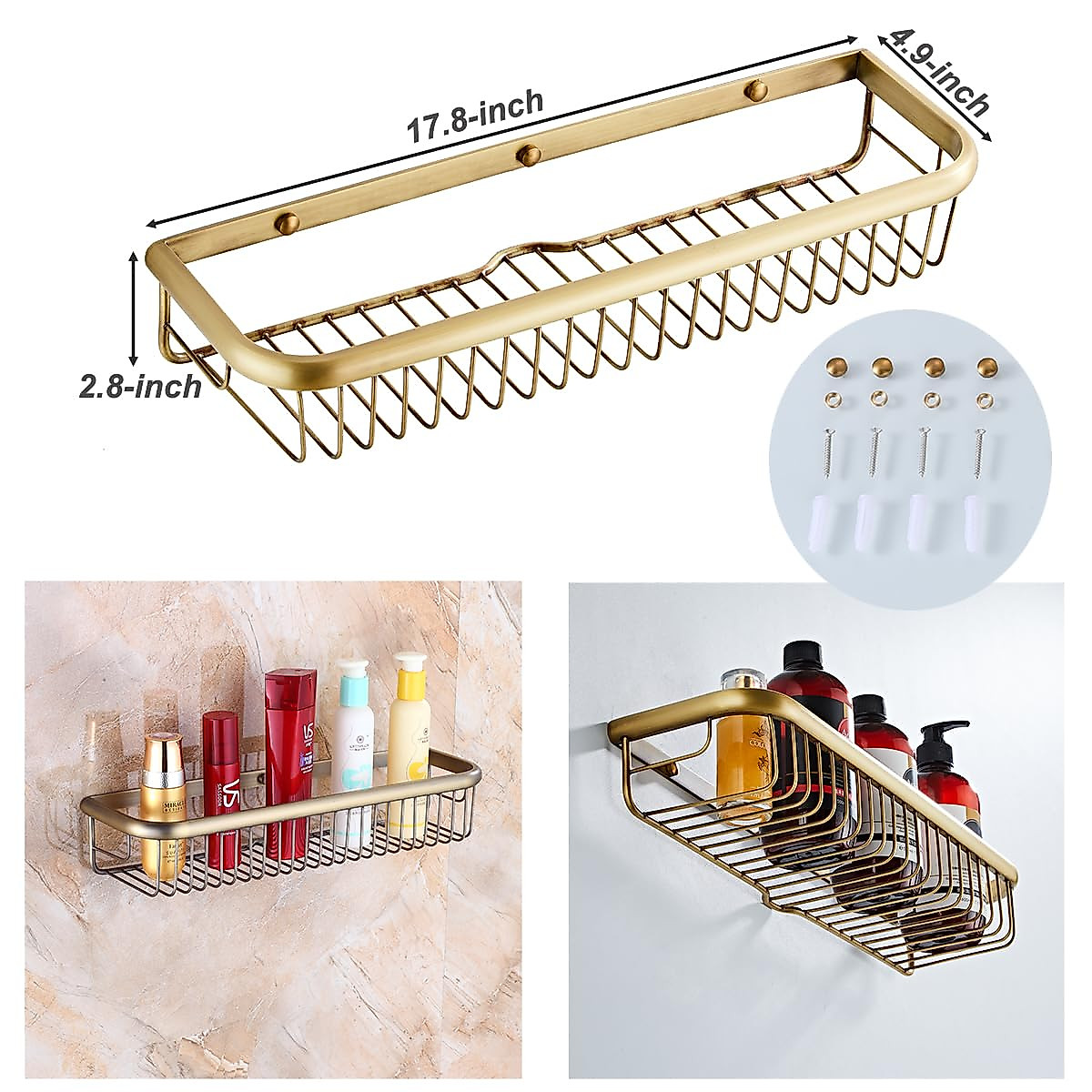 Antique Brass Bathroom Shelf Shower Organizer Caddy Wall Mounted Shampoo Holder Basket