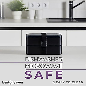 Bentoheaven Premium Bento Box Adult Lunch Box with 2 Compartments (40oz), Cutlery & Set of Chopsticks, Large Dip Container, Cute Black Japanese Bento Box, Rectangle, Microwavable (Outer Space)