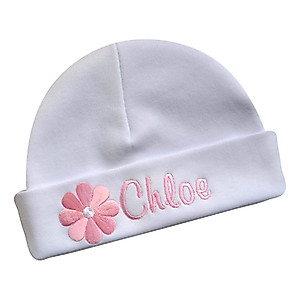 Personalized Embroidered Baby Girl Hat with Spring Daisy and Your Custom Name (White HAT/Light Pink Daisy)