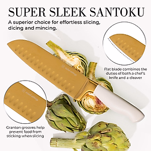 Gold Knife Set with Block Self Sharpening - 14 PC Luxurious Titanium Coated Gold and Off-White Kitchen Knife Set and White Knife Block with Sharpener, White and Gold Kitchen Accessories and Decor