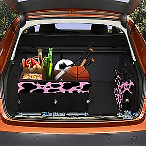 Car Trunk Organizer Pink And Black Cow Print Spot Car Back Seat Large Storage Organizer with 3 Divider Compartments Collapsible Trunk Cargo Organizer Groceries Tote for SUV Truck Camping Picnic