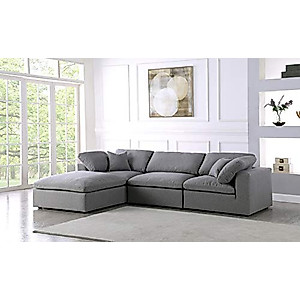 Meridian Furniture Serene Collection Modern | Contemporary Deluxe Comfort Modular Sectional, Soft Linen Textured Fabric, Down Cushions, 2 Corner + 1 Armless + 1 Ottoman, Grey