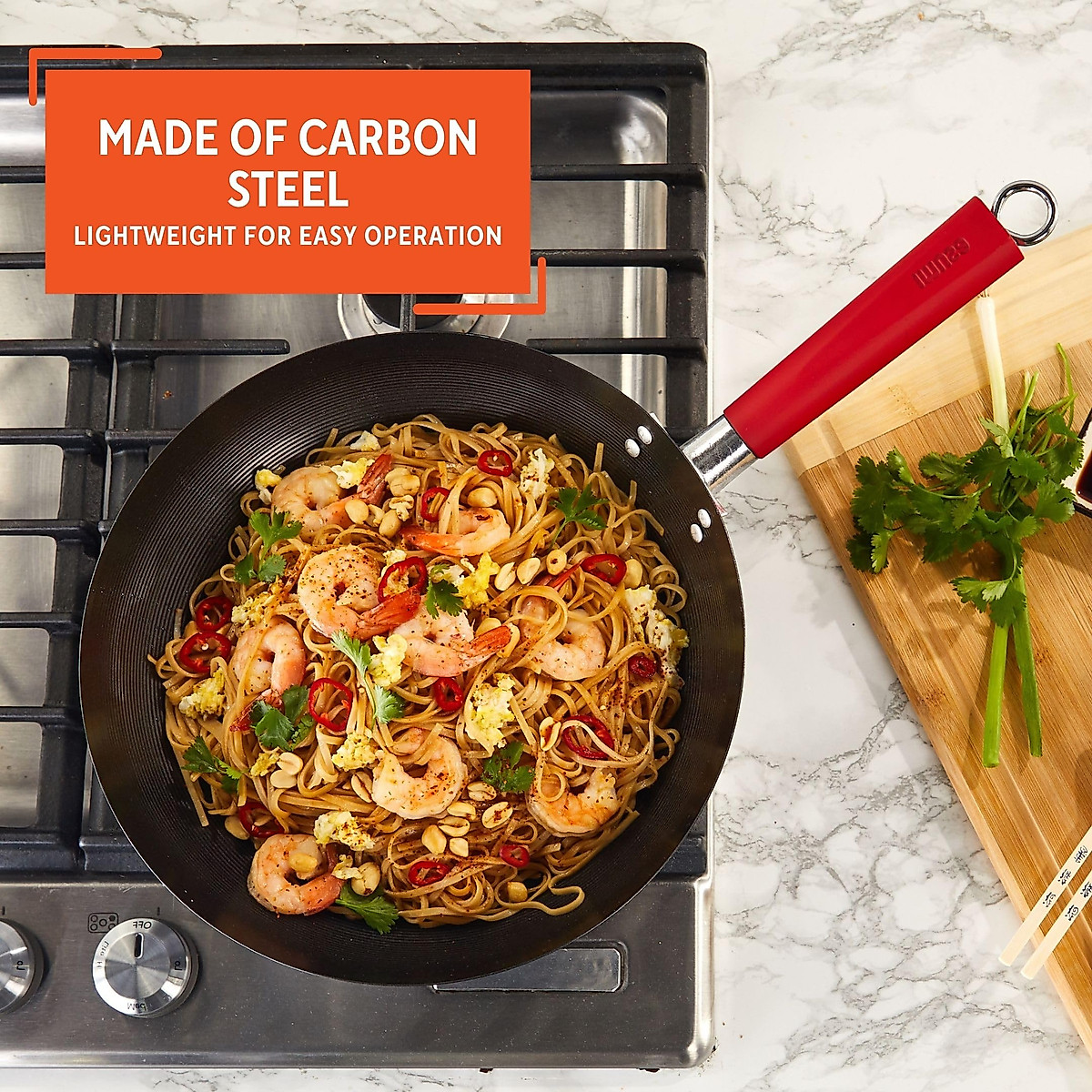 Imusa USA Inch, Red PAN-10046 12" Nonstick Carbon Steel Wok, Handle