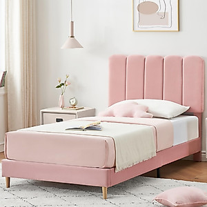 GAOMON Pink Twin Bed Frame, Velvet Upholstered Platform Bed Frame with Headboard, Strong Wooden Slats, Noise-Free,No Box Spring Needed, Easy Assembly (Pink)