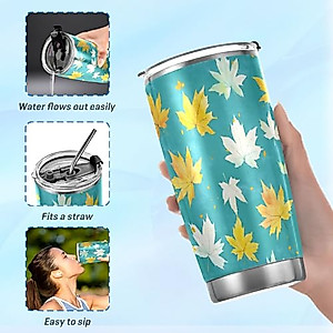 Watercolor White Yellow Maple Leaves Turquoise Stainless Steel reusable coffee cups with lids with Straw Lid coffee mug spill proof for travel simply modern insulated tumbler with lid termos