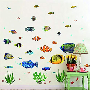 Fish Wall Stickers Under The Sea Decorative Wall Decals Coral Reef Fish Wall Stickers Peel and Stick Starfish Wall Art Sticker Decals for Kids Nursery Bedroom Living Room