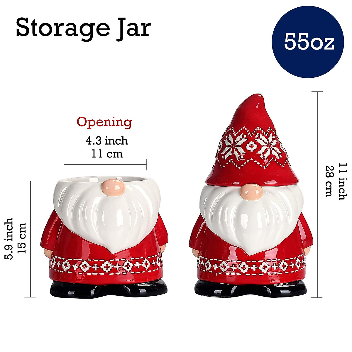 Bico Red Christmas Gnome 11 inch Air Tight Cookie Jar, Handpainted, Dishwasher Safe, Holiday Accent for Kitchen Counter