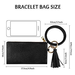 Women's Round Key Ring Wristlet Clutch Wallet, Lightweight Leather Wristlet Purse Bag with Bracelet Circle Keyring (Black) Medium