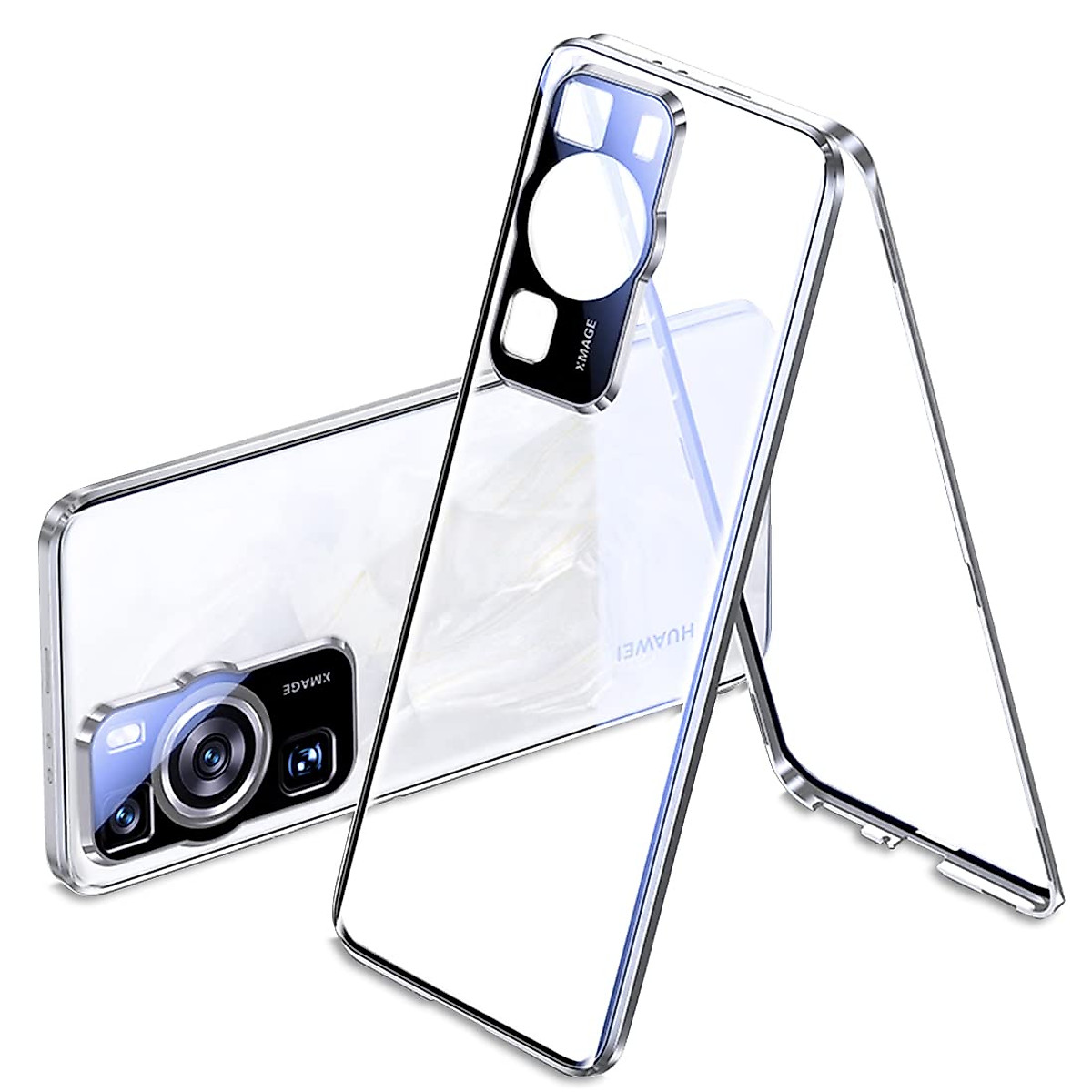 QUIETIP Case for Huawei P60 Pro,Magnetic Body Metal Frame Double Sided Clear Tempered Glass Shockproof with Camera Protection Cover Thin,Silver