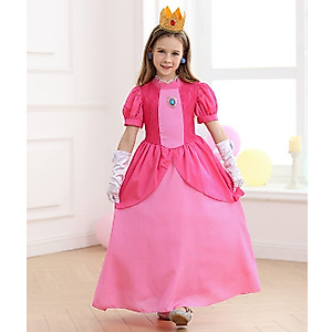 Luzlen Princess Peach Costume for Girls Kids Toddler Princess Peach Dress Halloween Cosplay Birthday Party Pink Outfits, 6-7Y(Tag 130)