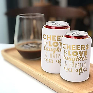 Wedding Can Can Cooler Decorations - Cheers to Love Laughter and Happily Ever After, Can Coolies Set of 12, Wedding Supplies For Bridal Showers, Engagements and Bachelorette Parties (White)