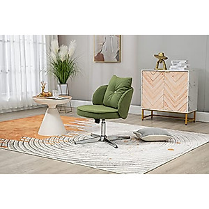 Pvillez Office Desk Chair No Wheels Polyester Fabric Armless Home Office Desk Chair Office Chair Vanity Chair Adjustable Swivel Home Office Computer Chair Task Chair w/Pillow&Silver Base (Green)