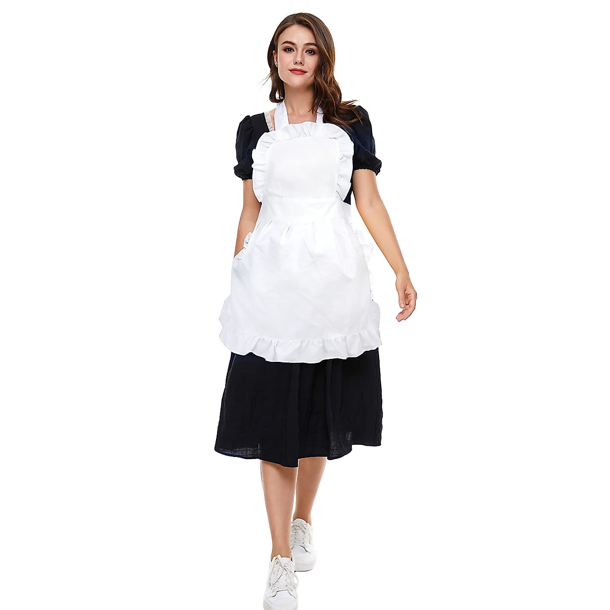 LilMents Women's Ruffle Outline Retro Apron Kitchen Cake Baking Cooking Cleaning Maid Costume (White)