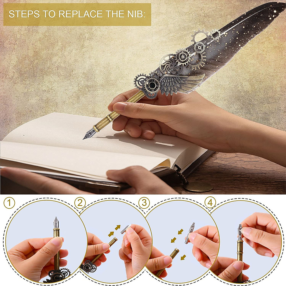 NC Feather Quill Pen Set - Includes 5 Ink Bottles, 6 Nibs, Mechanical Quill Pen for Calligraphy, Writing Letters, Signing, Invitations Etc (Grey)
