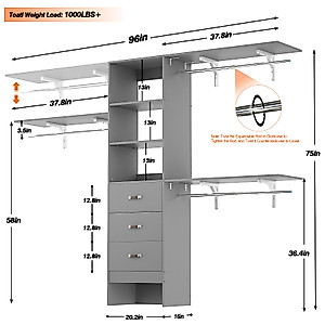 iSunirm 8FT Closet System, 96'' Closet Organizer System with 3 Hanging Rods, Wall Mount Bedroom Wardrobe with 3 Drawers Walk-in Closet, Adjustable Cloth Garment Rack from 5 to 8FT (Cut to Fit), Grey