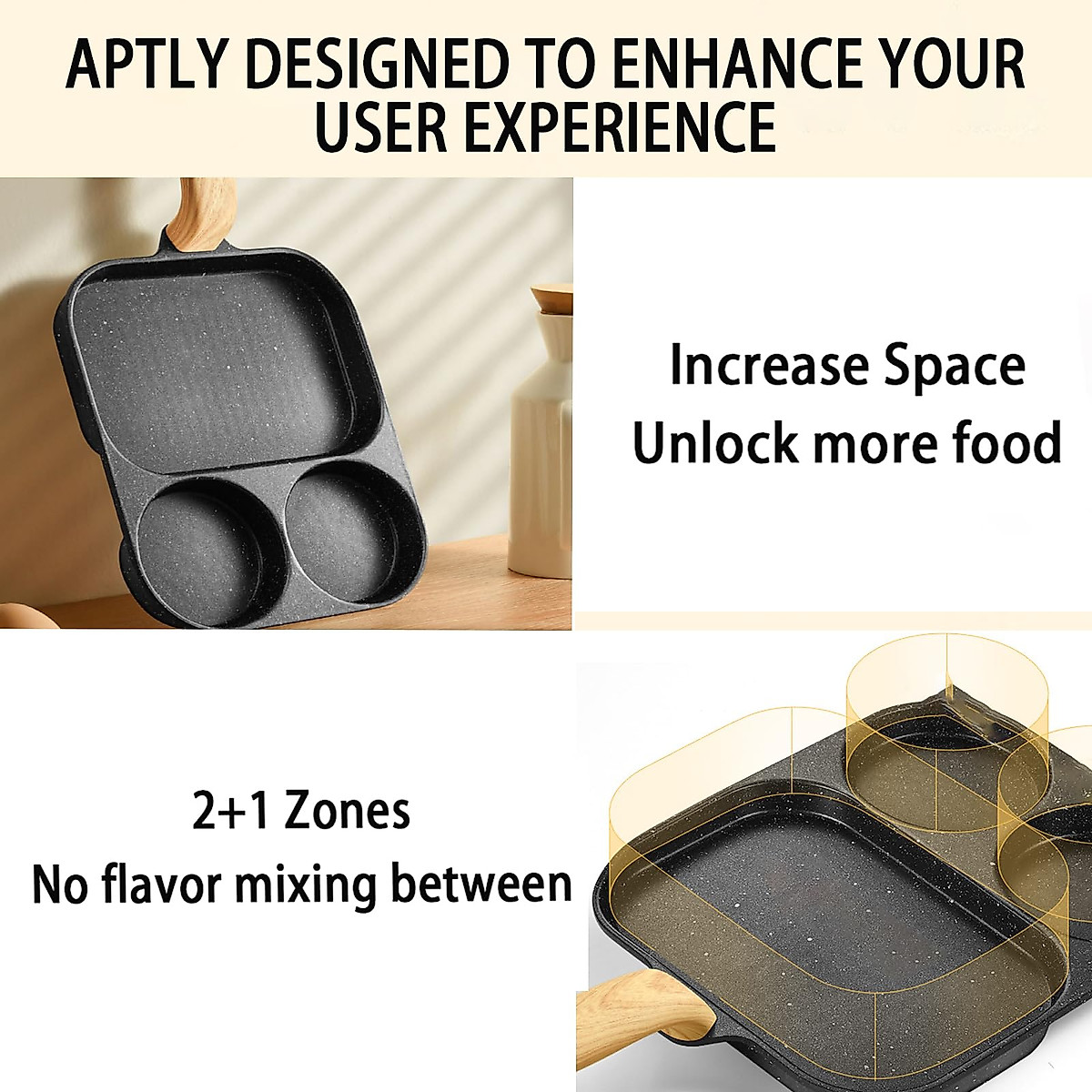 JUSTUP Nonstick Egg Frying Pan, 3-in-1 Nonstick Pan Divided Grill Frying Pan, Heat Resistant Handle 3 Section Skillet Mini Pancake Pan, Cooking Pan for Breakfast, Egg, Bacon and Burgers (Black)