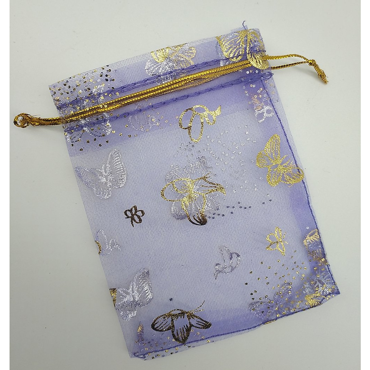 Ankirol 100pcs Mini Sheer Organza Wedding Favor Bags 3.5x4.5'' Luxury Jewelry Candy Gift Card Bags with Gold Line Drawstring Pouches Butterflies (Light Purple)