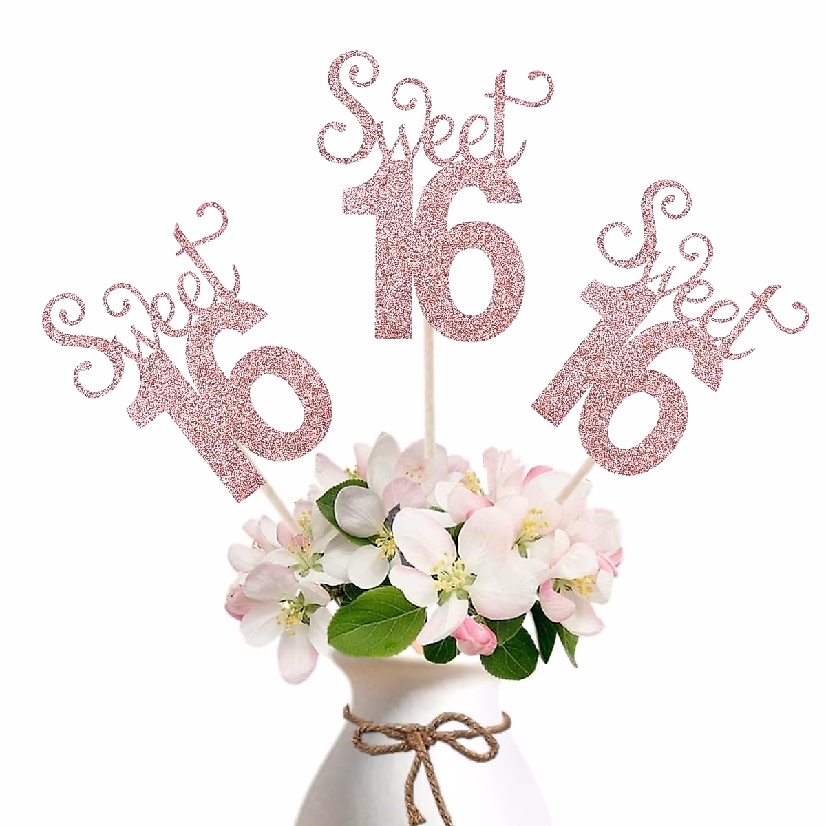 10-Pack Glitter Gold Double Sided Sweet 16 Birthday Anniversary Centerpiece Sticks, Number 16 Table Cake Topper for Sweet 16 Birthday Table Party Decorations (sweet 16) (rose gold)