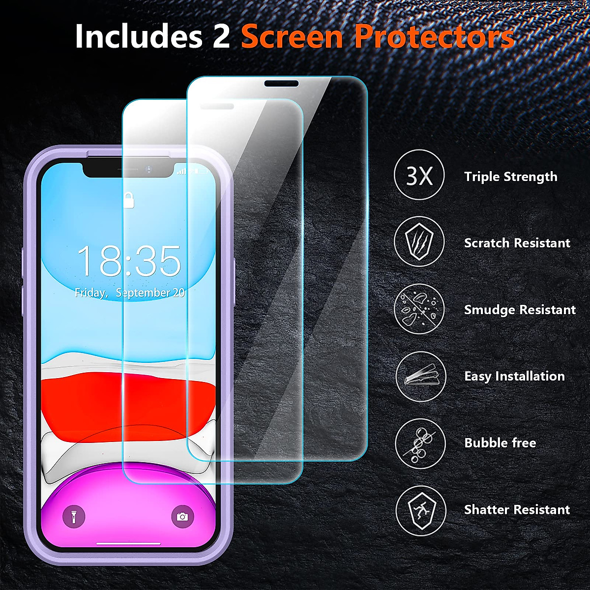 SPIDERCASE Shockproof for iPhone 11 Case,[10 FT Military Grade Drop Protection],with 2 pcs[Tempered Glass Screen Protector+Camera Lens Protector] Heavy Duty Full-Body Protective Phone Case，Purple