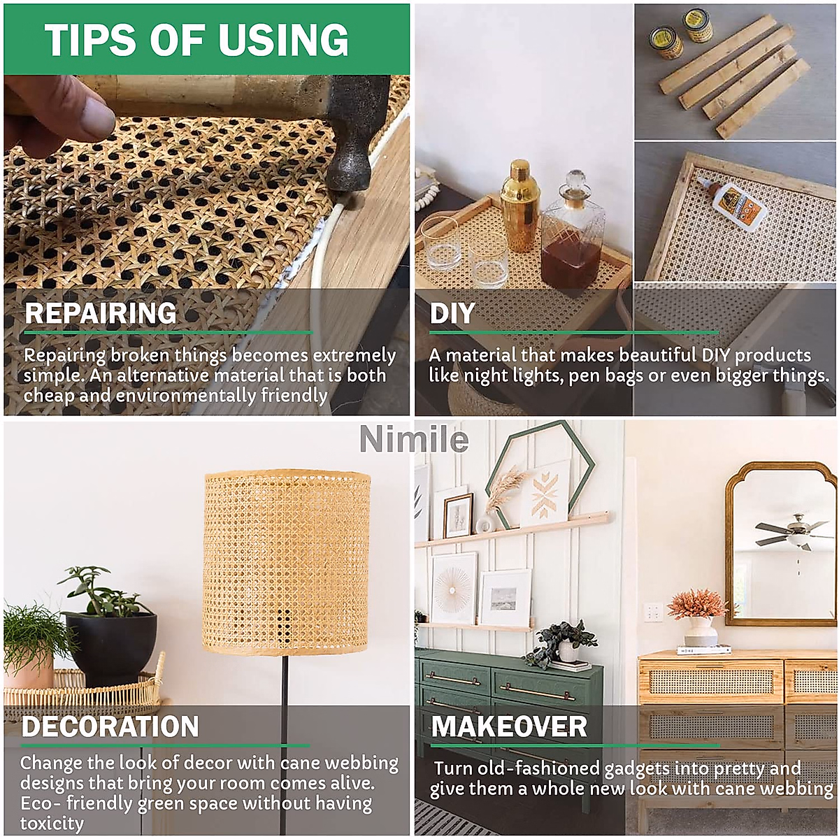 Nimile Cane Webbing Roll 17.5''W x 4Ft, Natural Rattan Webbing for DIY Home Decor Caning Projects, Woven Open Mesh Cane for Furniture, Chair, Cabinet, Ceiling or Ornaments Indoor