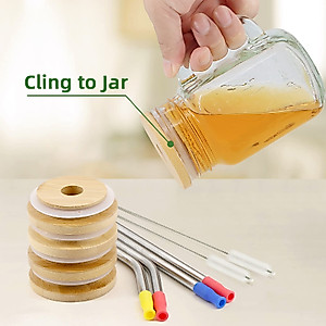 Mason Jar Lids - 12 Pack Mason Lids - Bamboo Wood with Silicone Sealing Rings for Regular Mouth Mason Jar Drinking Straw Lids with 12 Stainless Steel Straws
