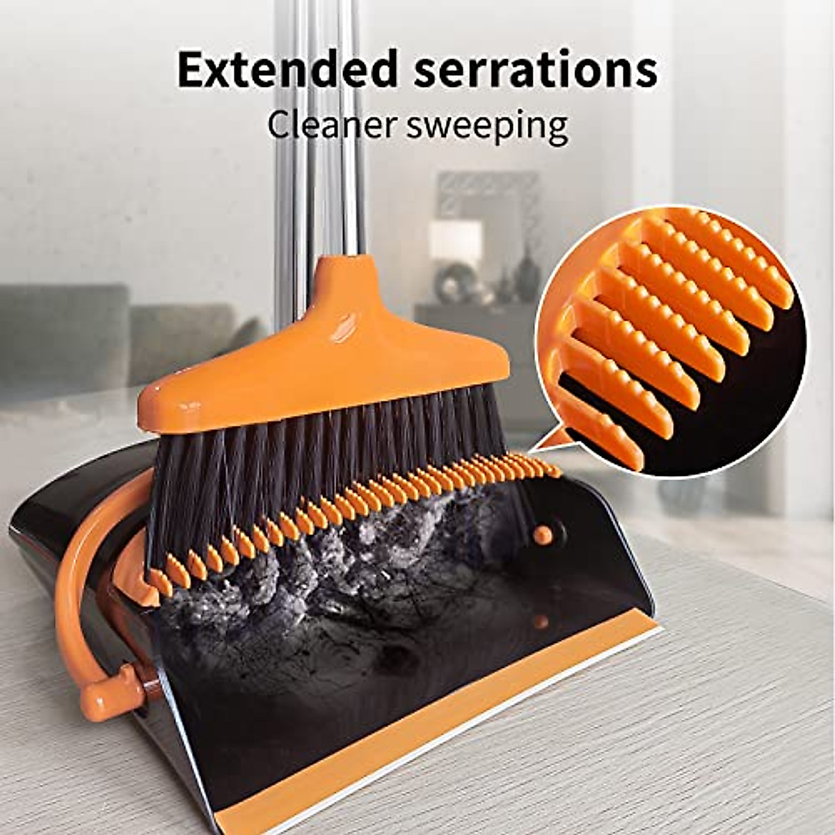 Broom and Dustpan Set(51" Long), Adjustable Length Stainless Steel Broomstick, Sstanding Dustpan and Broom for Office, Home Kitchen, Lobby Floor use (Orange and Black)