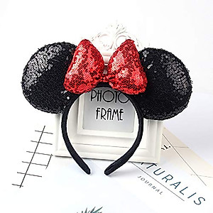 A Miaow 3D Black Mouse Sequin Ears Headband MM Glitter Butterfly Hair Clasp Park Supply Adults Women Photo Accessory (Black and Red)