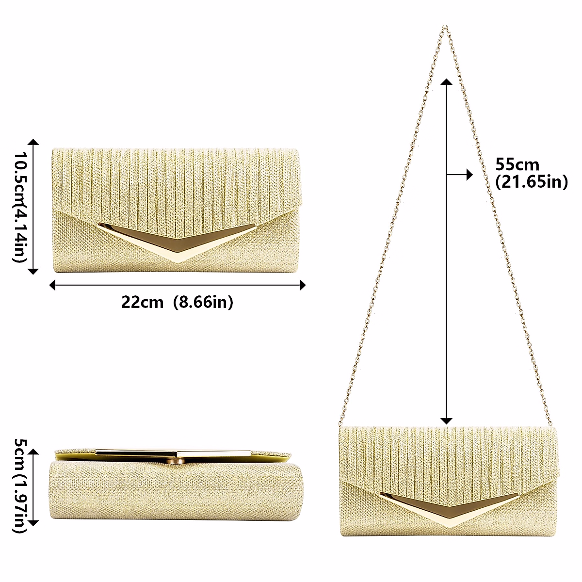 Larcenciel Clutch Purses for Women, Pleated Sequin Envelope Evening Bags w/Chain, Shiny Formal Ladies Shoulder Crossbody Handbags Perfect for Party Prom Weddings Holidays Special Occasions (Gold)