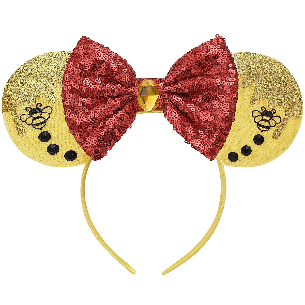 Eisyaa Yellow Winnie Minnie Ears Red Bow Headband, Sparkle Mouse Ears Headbands, Sequin Mice Ears Headband Princess Decoration Cosplay Costume (Winnie/Yellow)