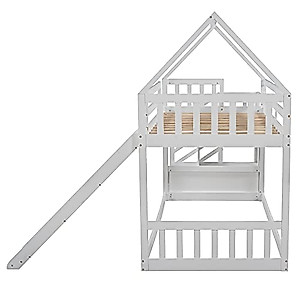 DEYOBED Twin Over Twin Wooden Bunk Bed with Slide and Storage Staircase for Kids Adults