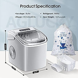 AGLUCKY Ice Makers Countertop,Portable Ice Maker Machine with Handle,Self-Cleaning Ice Maker, 26Lbs/24H, 9 Ice Cubes Ready in 8 Mins, for Home/Office/Kitchen(Grey)