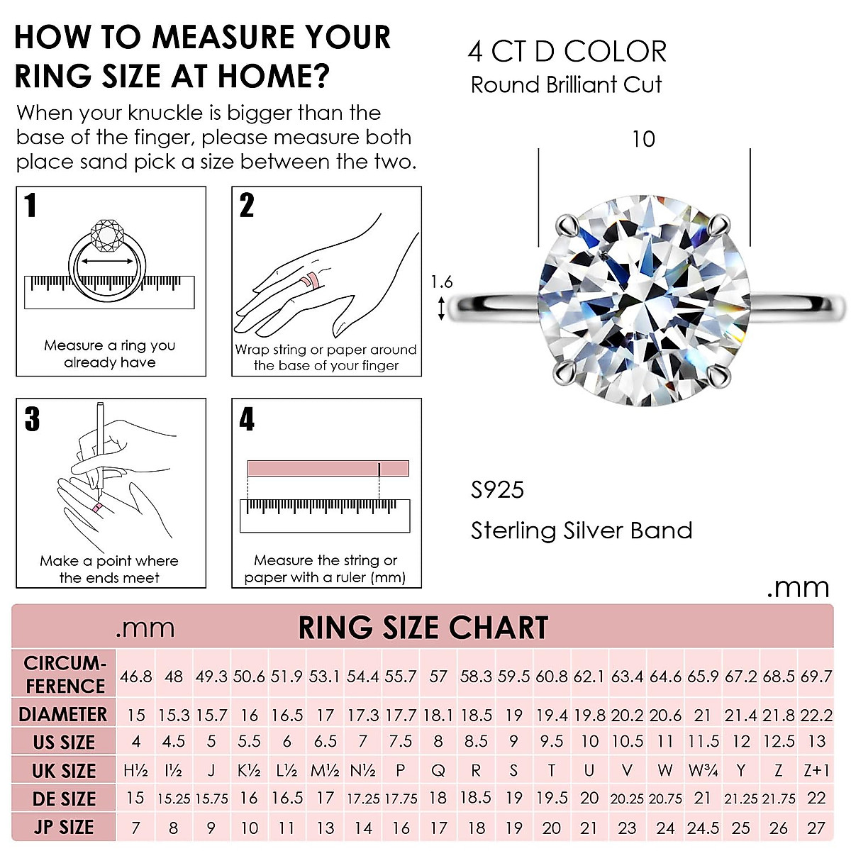 Michooyel Round Brilliant Cut 4ct Engagement Ring 10mm Cubic Zirconia CZ Women's Ring Sterling Silver Promise Ring Wedding Ring