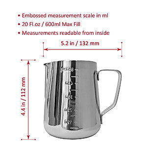 Francis King 20oz Stainless Steel Espresso Milk Steaming Pitcher with Latte Art Pen. 304 Stainless Steel with Embossed Measurements. Milk Foam and Frothing Pitcher. Barista Coffee Accessories