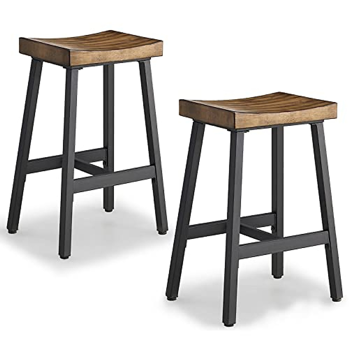 OUllUO Black Bar Stools, Counter Height Bar Stools, Set of 2, Brown Solid Wood Saddle Stools with Metal Legs, 24 Inch Kitchen Counter Stools, Stools for Dining Room Kitchen Island, Pub,Bar,521P-BBWD