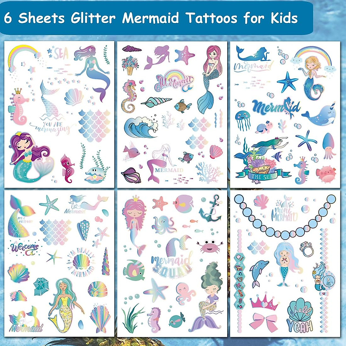 CHARLENT 100 Glitter Styles Mermaid Temporary Tattoos for Girls - 6 Sheets Glitter Mermaid Tattoos for Girls Mermaid Birthday Party Favors Goodie Bag Fillers